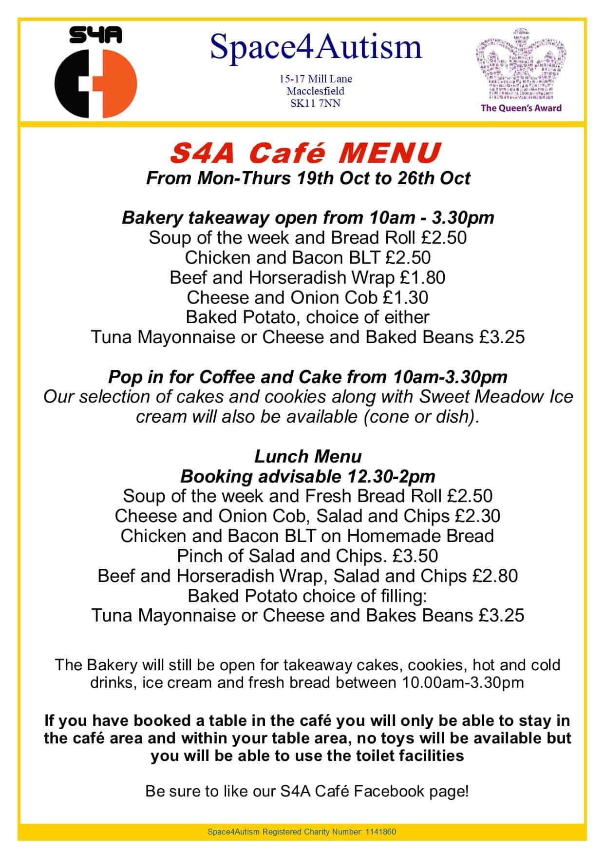 S4A Cafe menu 19-26th October - Space4Autism